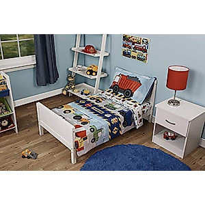 Funhouse 4 Piece Toddler Bedding Set - Includes Quilted Comforter, Fitted Sheet, Top Sheet, and Pillow Case - Construction Car and Truck Design for Boys Bed (Pack of 1)