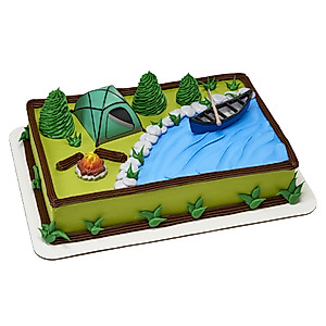 Decopac Fireside Camp DecoSet Cake Decoration Multi, Tent: 3"L x 2.6"W x 1.9"H; Canoe with Oar: 3.5"L x 1.65"W x 1.2"H; Campfire: 1.4"D x 1.2"H