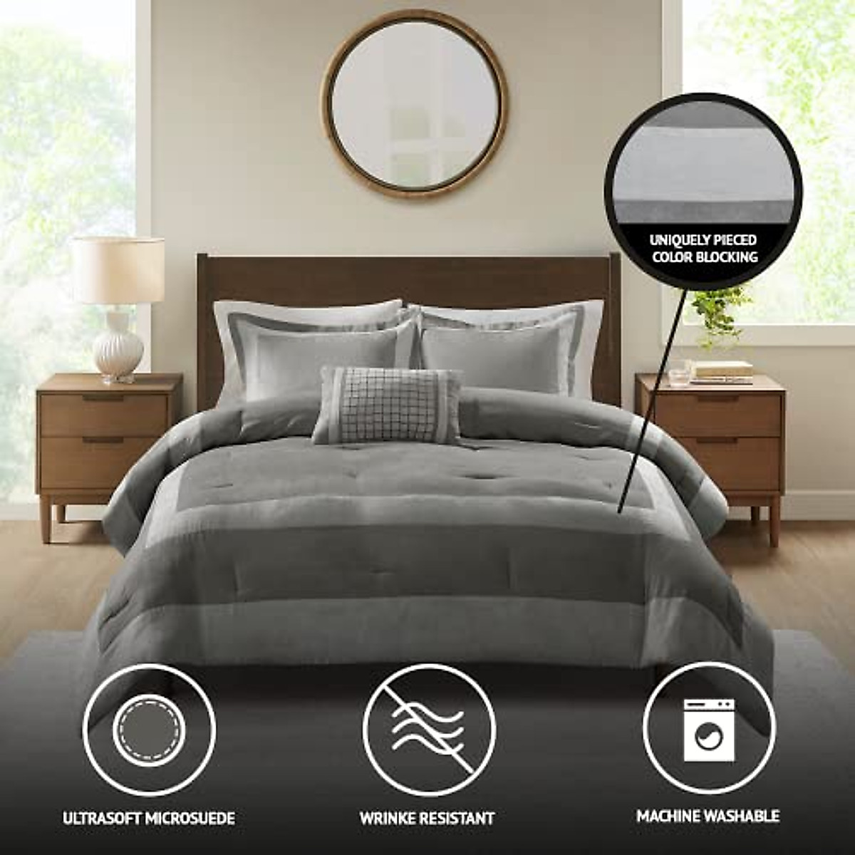 Madison Park Darcey Cozy Comforter Set, Faux Suede, Deluxe Hotel Styling All Season Down Alternative Bedding Matching Shams, Decorative Pillow, Full/Queen(90 in x 90 in), Border Grey 4 Piece