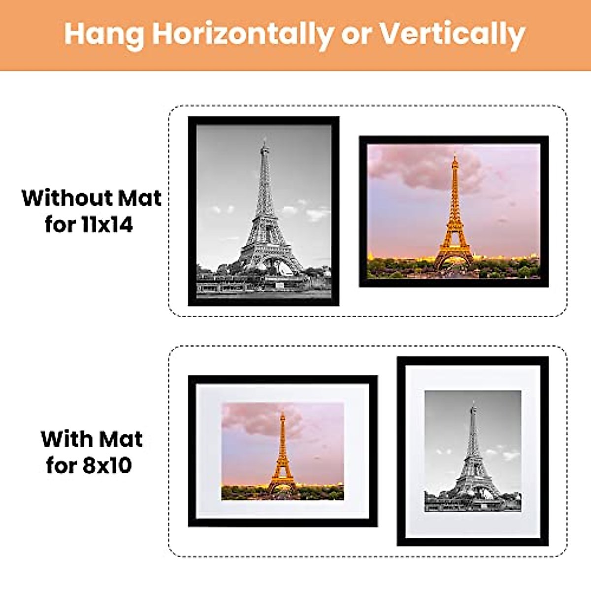upsimples 11x14 Picture Frame Set of 5, Display Pictures 8x10 with Mat or 11x14 Without Mat, Wall Gallery Photo Frames, Black
