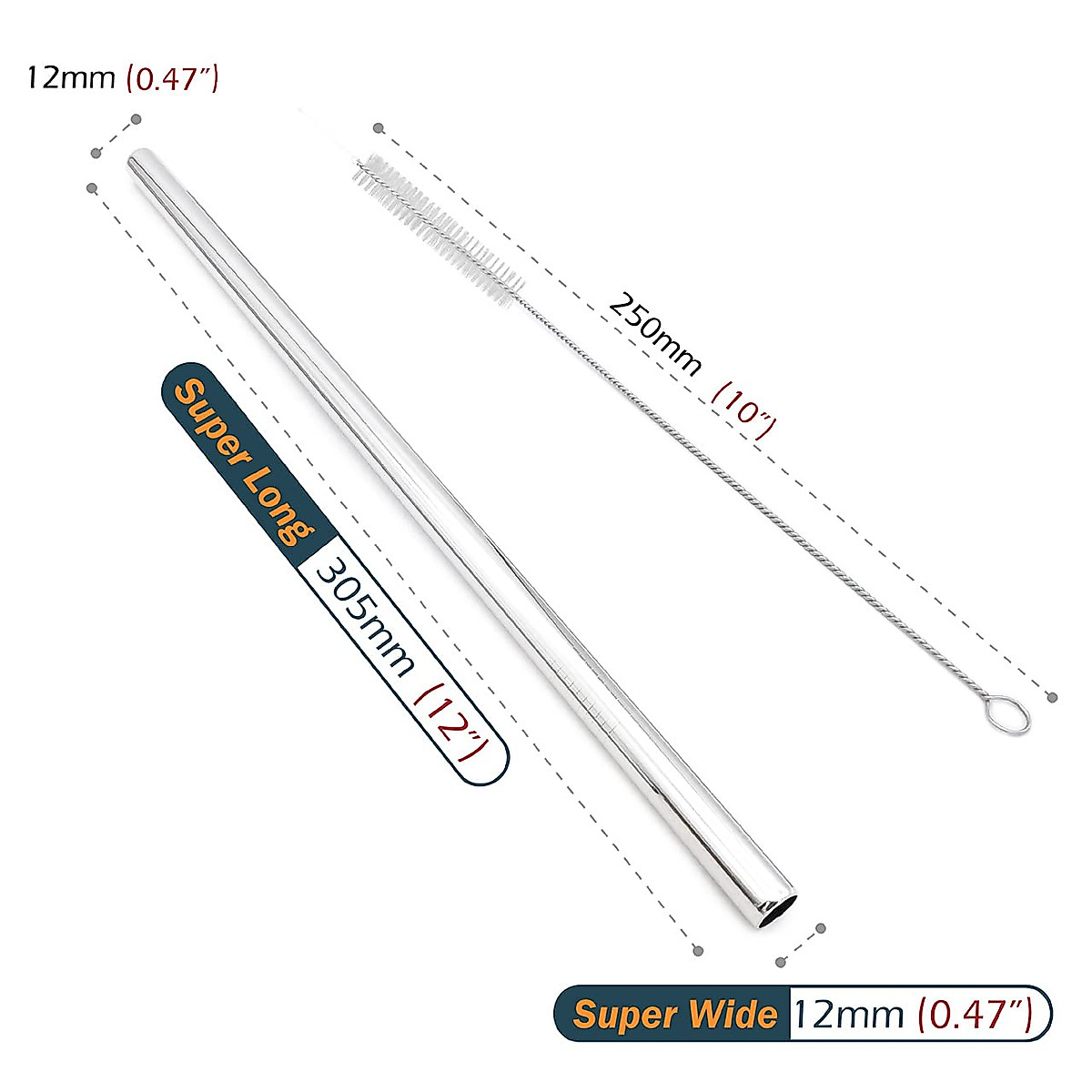 Super Big Drinking Straws Set 12" Extra Long 1/2" Extra Wide Reusable 304 Food-Grade 18/8 Stainless Steel for Frozen Drinks Boba Bubble Tea Smoothies and Shakes - Set of 2 with 2 Cleaning Brushes