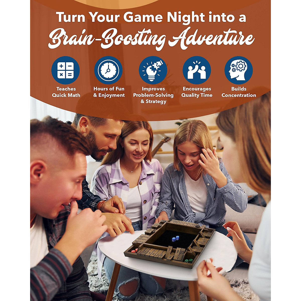 WE Games 14 inch 1-4 Player Shut The Box Wooden Board Game, Walnut Stain