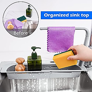 NiHome Telescopic Kitchen Over Sink Organizer with Towel Hanger, Expandable Slim Drain Basket Multifunctional Caddy Adjustable Length Colander Rack Sponge Holder Storage Tray for Home Bathroom (Grey)