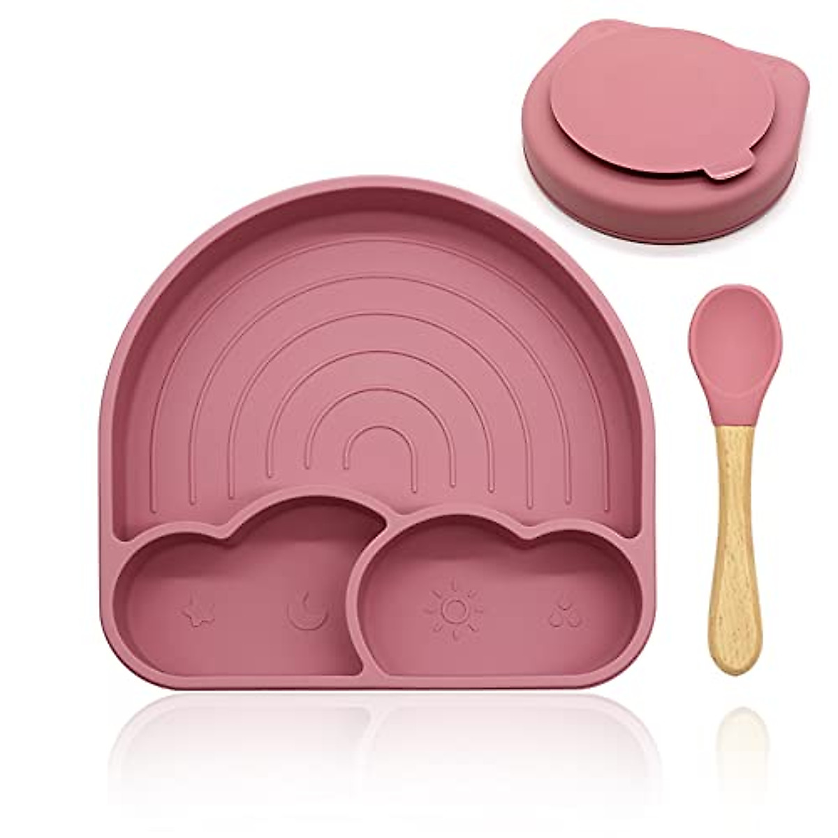 Baby Plates with Suction, Toddler Feeding Plates, Toddler Dishes 3 Divided Rainbow Design, Self-Feeding Spoon Flatware Set, Food Silicone BPA Free, Microwave, Dishwasher Safe, Oven Safe (Dark pink)