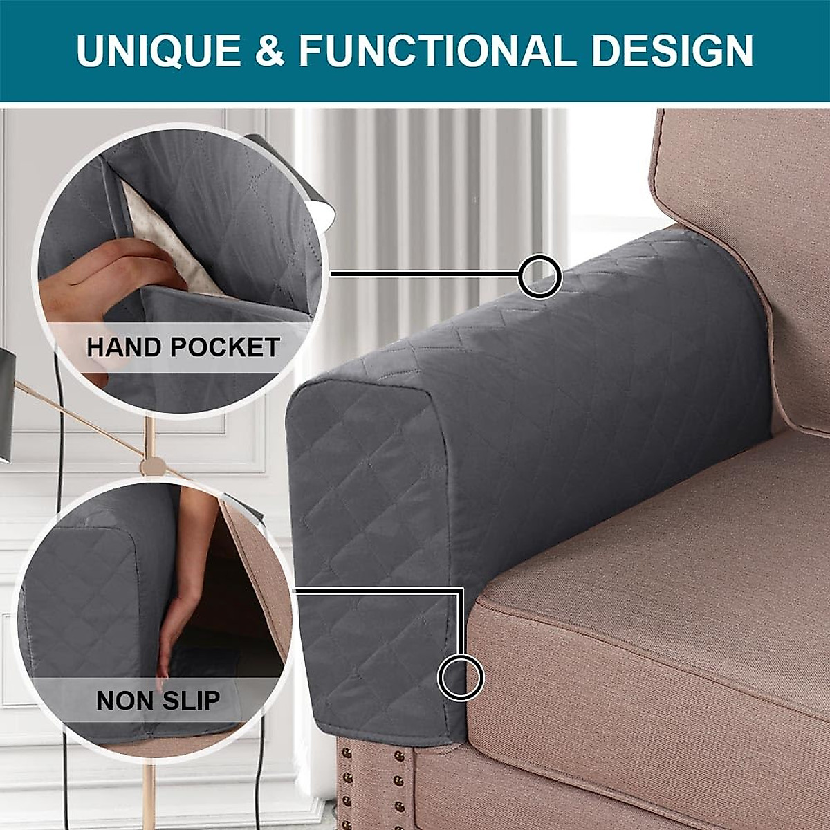 Turquoize 2 Pack Waterproof Armrest Covers for Chairs and Sofas Couch Arm Covers for Sofa Armrest Covers with Side Pocket Anti-Slip Furniture Protector Washable Armrest Slipcovers Set of 2, Gray