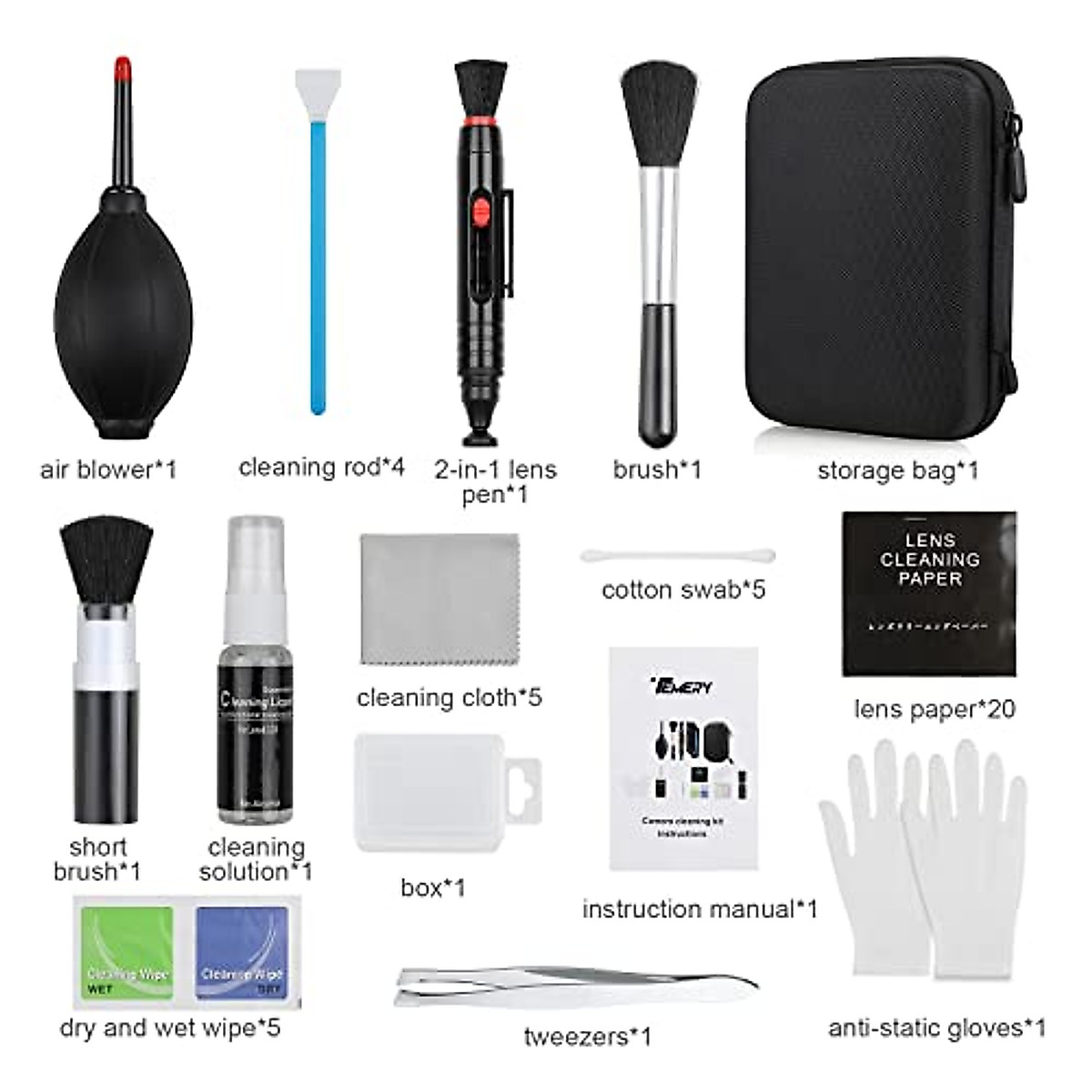 Termey 14-in-1 Camera Lens Cleaning Kit - Mirrorless Camera Sensor Cleaning Kit for DSLR Camera Canon Sony Nikon Including Lens Blower/Detergent/Swabs/Cleaning Cloth/Cleaning Pen/Cleaning Brush/