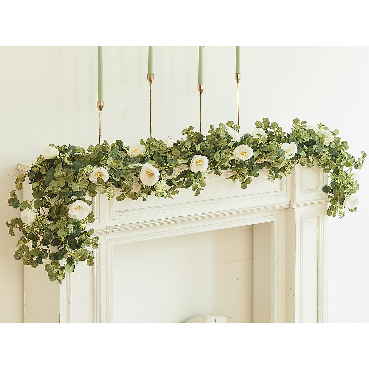 PARTY JOY 6.56ft Eucalyptus Garland with Flowers-8 White Roses, Artificial Fake Flowers Greenery Garland Floral Vines for Decoration Party Wedding Table Indoor Outdoor Backdrop Wall Decor(White)