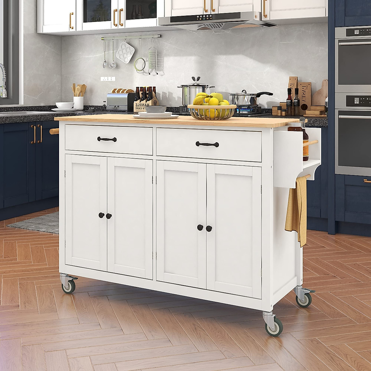 Kitchen Island on Wheels - Moveable Kitchen Island with Solid Wood Top and Locking Wheels, Rolling Kitchen Carts on Wheels with Storage, White