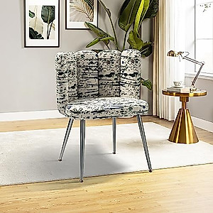 HULALA HOME Modern Dining Chairs Set of 2, Print Living Room Chair with Shell Back and Golden Metal Legs, Comfy Upholstered Cute Accent Chair for Living Room Bedroom Makeup Room Vanity, Ivory