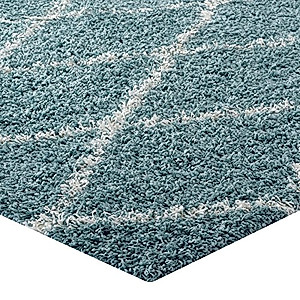 Modway Toryn Diamond Trellis 5x8 High Pile Shag Area Rug With Lattice Design In Aqua Blue and Ivory