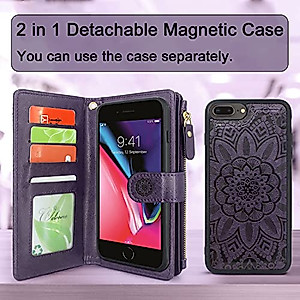 Harryshell Detachable Magnetic Zipper Wallet Leather Case Cash Pocket with Multi Card Slots Holder Wrist Strap for iPhone 8 Plus/iPhone 7 Plus / 6S Plus 5.5 Inch Floral Flower (Deep Purple)
