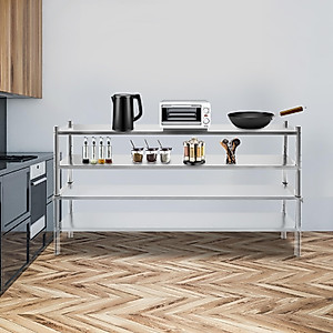 HuaShuani Double Tier Stainless Steel Overshelf, 12 * 71in Commercial 2 Tier Shelving for Kitchen Prep & Work Table, Height Adjustable Storage Rack for Restaurant Warehouse Bar