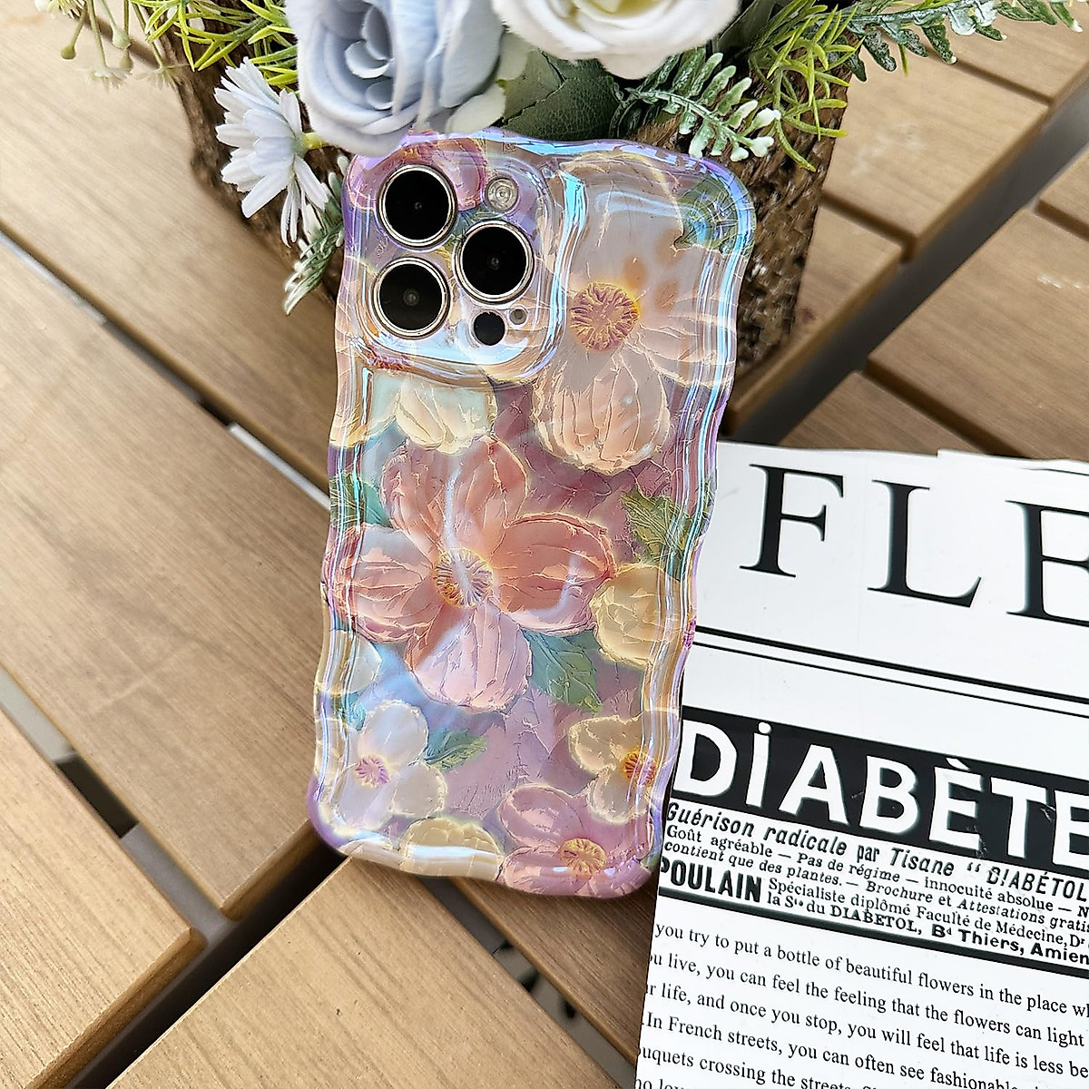 Sayoaho Compatible with iPhone 13 Pro Max Case for Women, Cute Curly Wave Frame Shape, Colorful Retro Oil Painting Flower Laser Beam Glossy Pattern, Compatible with iPhone 13 Pro Max, Pink