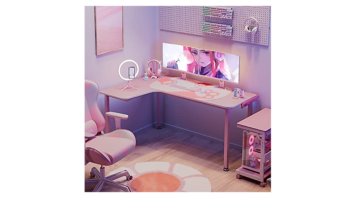 DESIGNA Pink L-Shaped Gaming Desk for Girls - 60 Inch