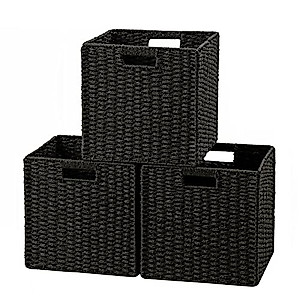 UBBCARE 3 Pack Wicker Basket, 11.8L×11.8H×11W inch Woven Paper Rope Storage Baskets for shelves, Foldable Cube Storage bin with Handle, Storage Basket for Organizing & Decor, Black