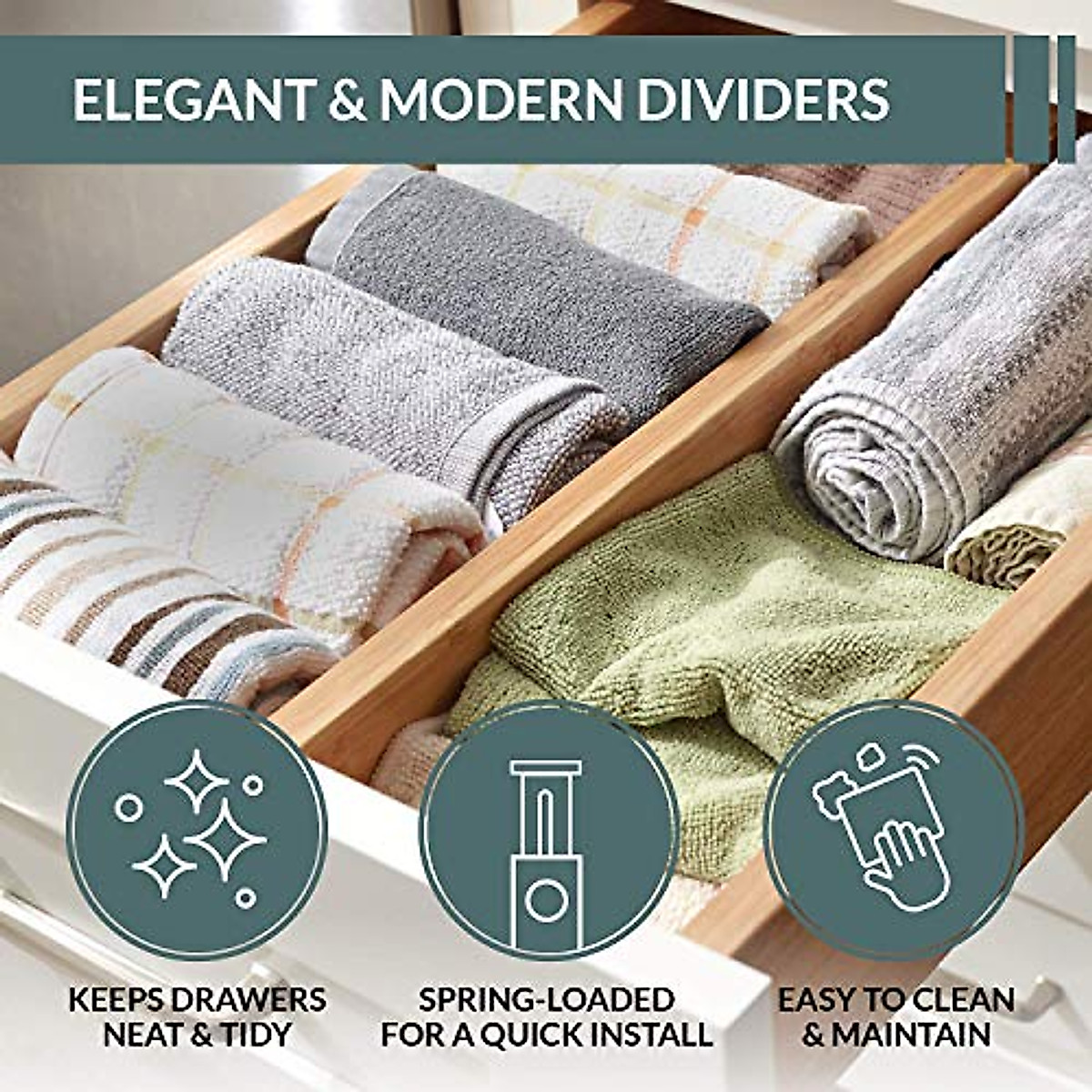 Milov Home Organizer for Kitchen Drawers - Spring Loaded Bamboo Dividers from 17.5" to 21.5" - Expandable Drawer Divider For Kitchen, Bedroom, Office - Set of 4 - No Assembly - Stackable