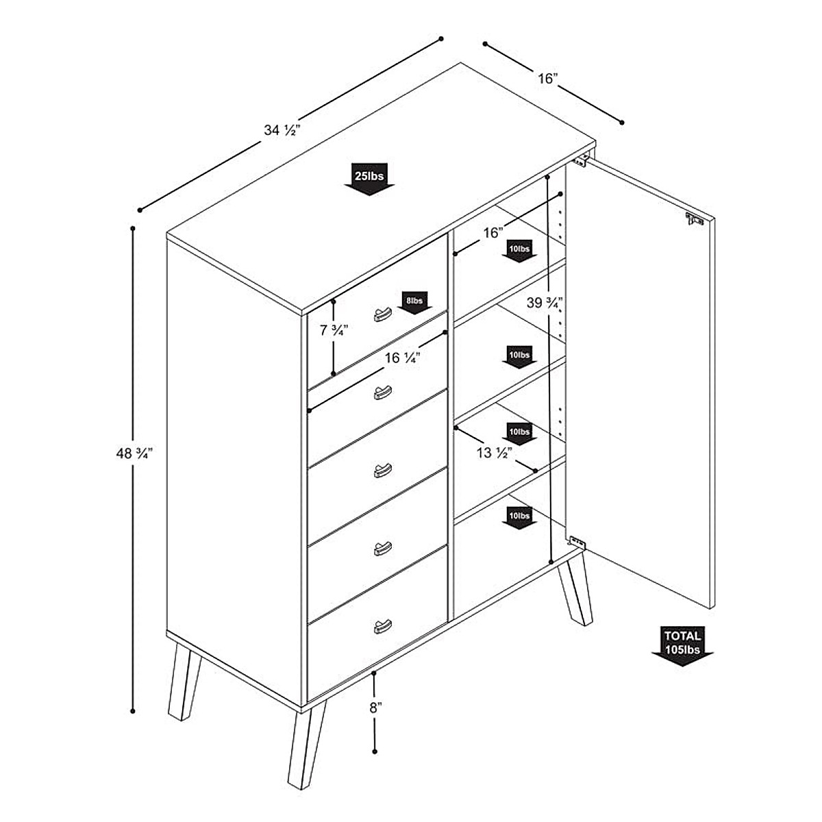 Prepac Milo Mid-Century 5 Drawer Combo Dresser, Chest of Drawers With Door, Bedroom Furniture, Clothes Storage with Shelves and Drawers, 16" D x 34.5" W x 49" H, Cherry, DDBR-1414-1