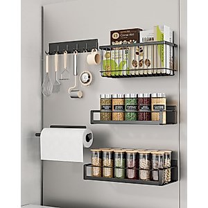 ALLZONE Magnetic Spice Rack for Refrigerator, 5 Pack Fridge Spice Organizer, Strong Magnet Shelf with Wrap Rack and Utensil Hook, Removable Side Fridge Storage Rack for Kitchen