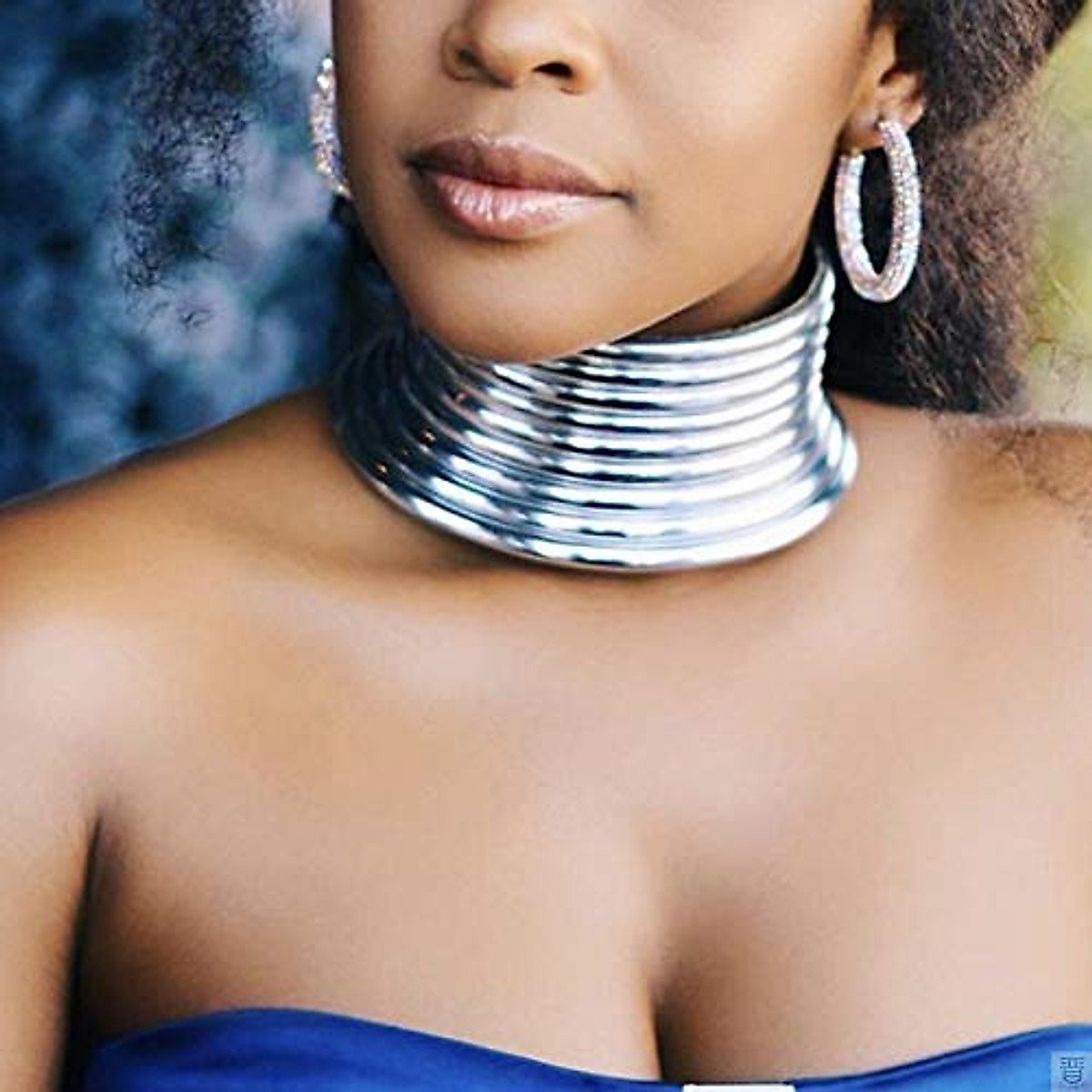 Bluegoog African Choker Collars Necklace,Snap Egypt Punk Gothic Chunky Leather Bib Statement Necklaces for Women(Silver Set)
