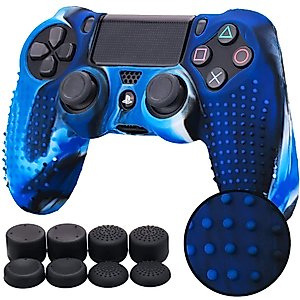 YoRHa Studded Silicone Cover Skin Case for Sony PS4/slim/Pro Dualshock 4 Controller x 1(Camouflage Blue) with Pro Thumb Grips x 8