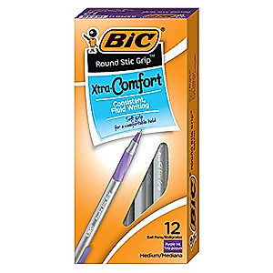 BIC Round Stic Grip Xtra Comfort Fashion Ball Point Pen, Purple, 12 Pack
