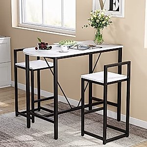 Tribesigns Bar Table and Chairs Set, 43.3" Pub Bar Dining Table and 2 Bar Stools, 3-Piece Wood Counter Height Breakfast Table Set with Metal Frame and Faux Marble Tabletop (White)