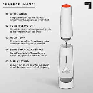 SHARPER IMAGE Electric Milk Frother with Stand & Drip Tray, Handheld Foam Maker with High-Powered Motor for Coffee Matcha Latte Frappe Cappuccino Hot & Cold Drinks, Premium Kitchen Accessory Gift