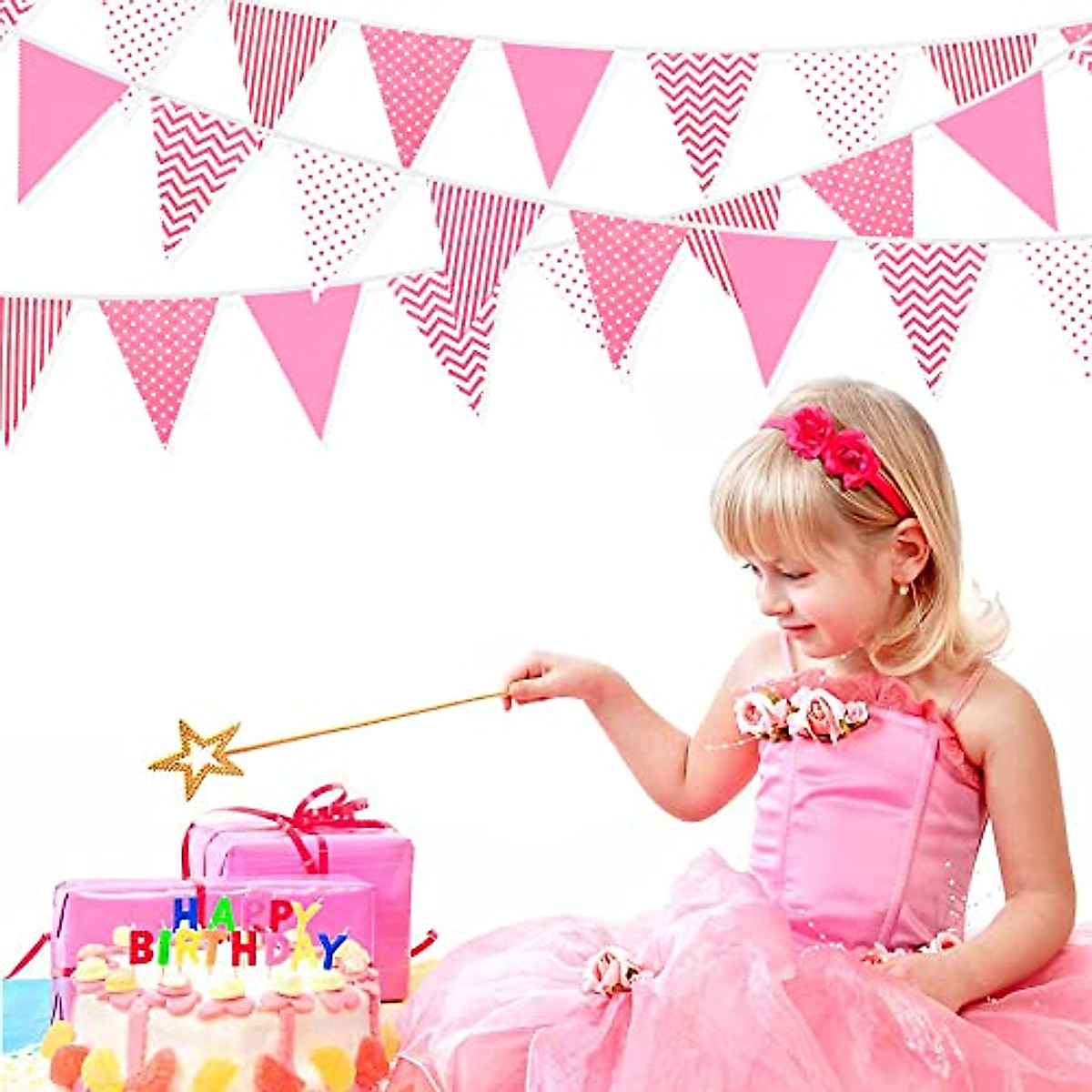 32Ft Hot Pink Striped Dot Pennant Banner Fabric Triangle Flag Bunting Garland Streamers for Wedding Birthday Baby Bridal Shower Party Home Nursery Outdoor Garden Hanging Festivals Decorations