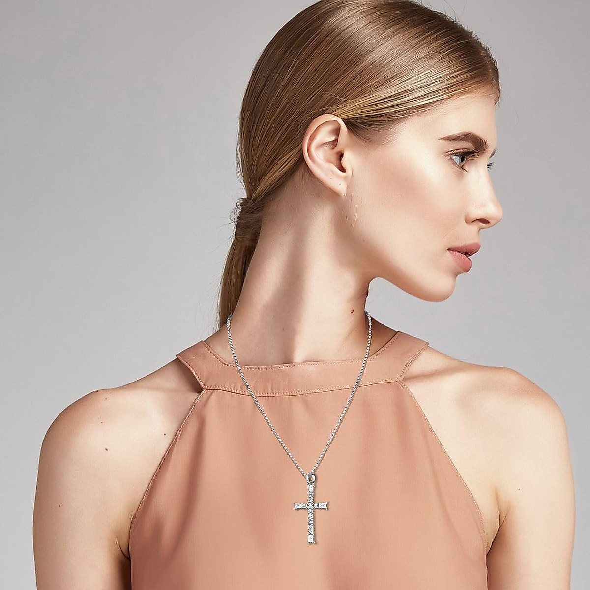 Cross Pendant in 925 Sterling Silver - Cubic Zirconia Cross Pendant for Men & Women - Prong Set - Cut CZ with Tapered Baguettes Jewelry Catholic Faith Christian Religious Birthday Gifts for