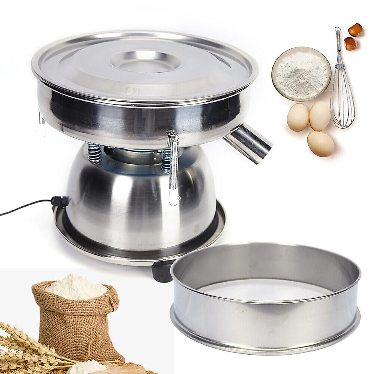 HinLIaDa Automatic Powder Sifter Machine, 110V Stainless Steel Electric Rotating Vibration Sieve Machine Electric Flour Sifter for Rice, Herbal Particles, Flour, Seasoning 1150 Beats/Min