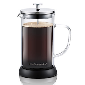 Elite Gourmet FP1223X French Press 34-Ounce, Double Wall Insulated Heavy Duty Thick High-Heat Borosilicate Glass, BPA-Free, Cold Brew Coffee Maker, 1-Liter