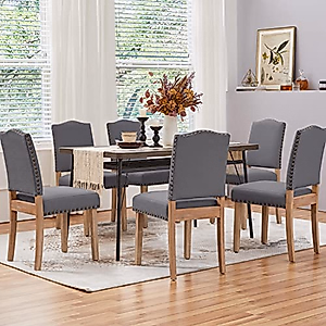 Yaheetech Dining Chairs Fabric Side Chair with Solid Wood Legs Parson Chairs with Nailhead Trim for Home Kitchen Living Room, Dark Gray, 6pcs