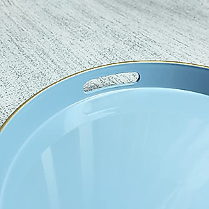 Spsyrine Round Blue Decorative Tray, 13" Plastic Serving Table Tray with Handles for Breakfast, Round Modern Ottoman Tray for Coffee Table, Bathroom, Kitchen, Living Room