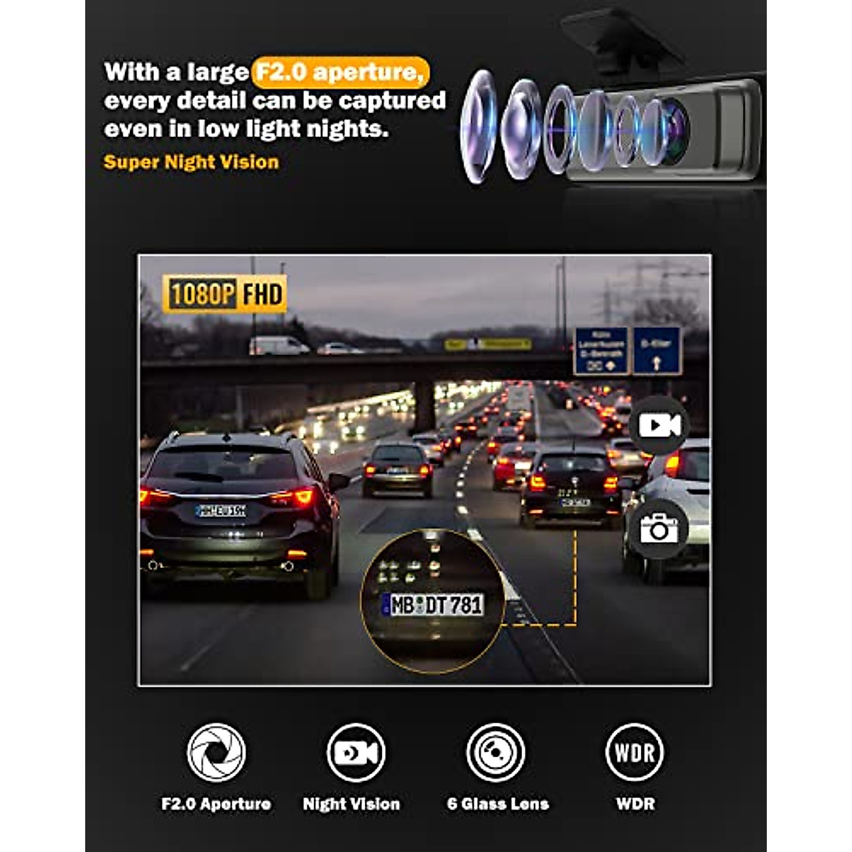 Dash Cam 1080P WiFi Dash Camera for Cars, Dash cam Front with App, Car Camera with Night Vision, 170° Wide Angle WDR, 24 Hours Parking Mode, G-Sensor, Loop Recording, Support 128GB Max - Car Charger