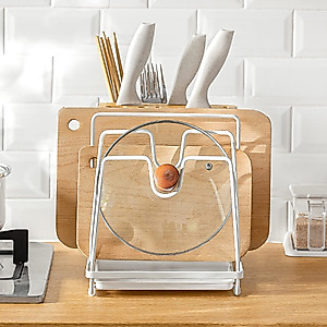 MoonlyTree Kitchen Counter Organizer Knife Block, Anti-Slip Silverware and Utensils Storage with Vertical Knife Holders, Kitchen Rack Cabinet Organizer for Pans Sheets, Cutting Boards and Pot Lids