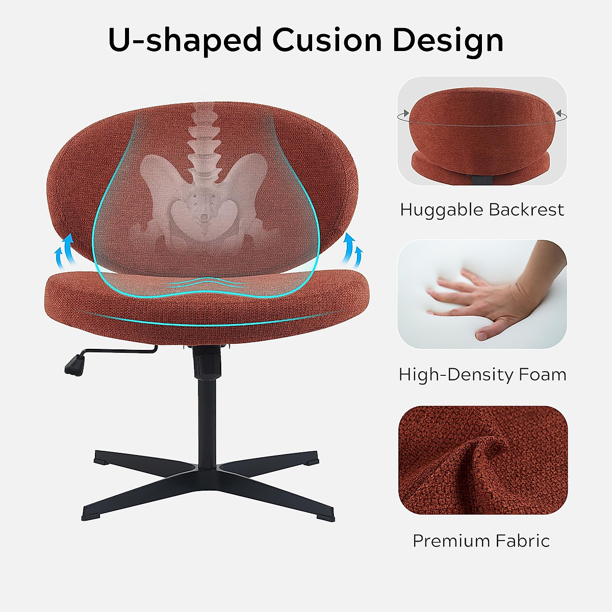 EYYTHUNG Criss Cross Chair No Wheels, Wide Armless Desk Chair Thick Padded Office Chairs Height Adjustable Swivel Accent Chair Oval Curved Deign for Office Living Room Bedroom Vanity, Beige