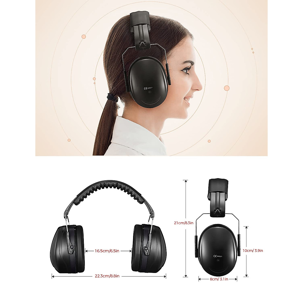 Wowteech Ear Protection Safety Muffs, NRR 28dB Earmuffs for Hearing Protection, with Padded Headband, Compact Foldable Defenders Shooting, Hunting, Mowing, Construction, a Carrying Bag, Black, Large