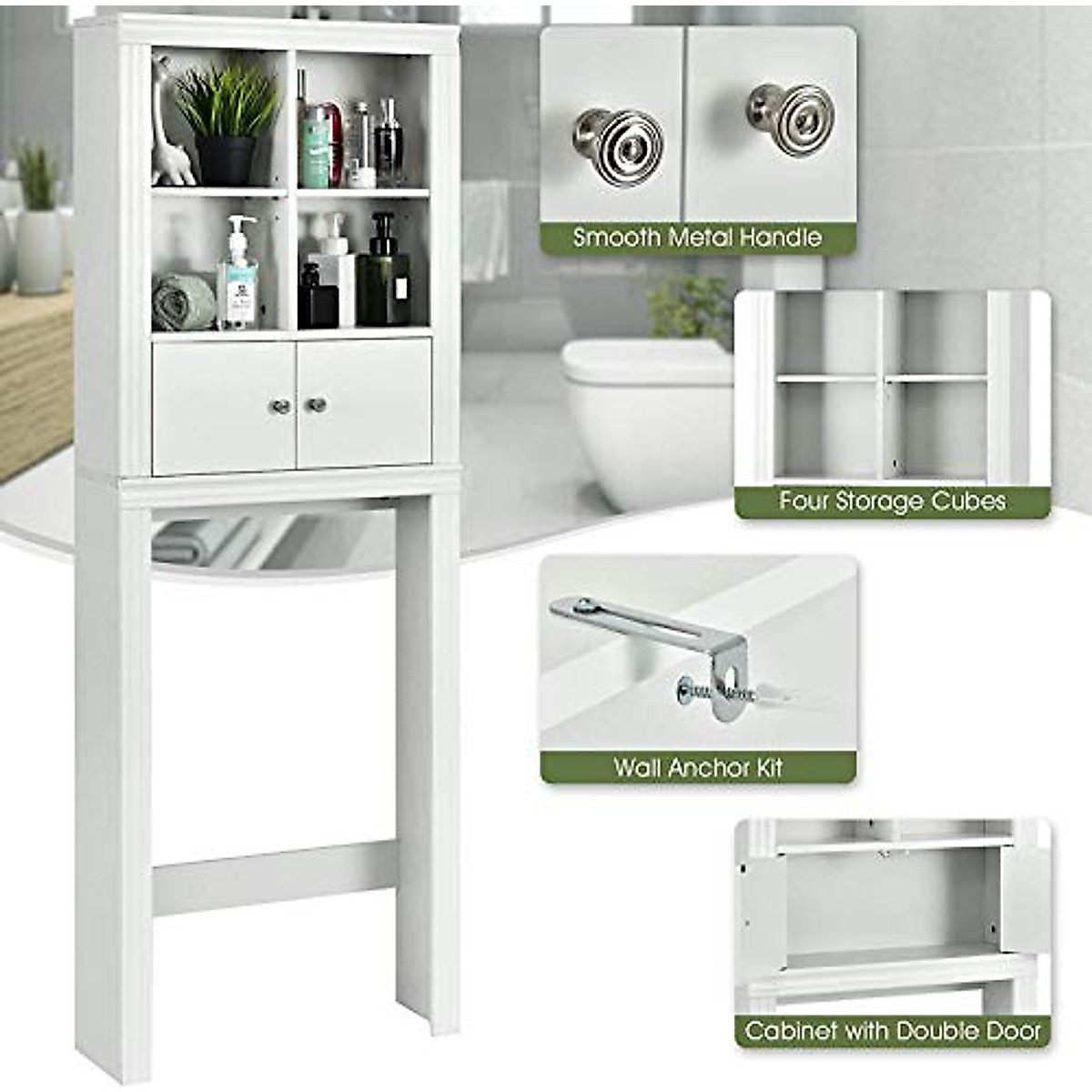 Nightcore Bathroom Storage Rack Over The Toilet, Toilet Organizer with 4 Open Space, Space Saver Cabinet, Sturdy and Durable Bathroom Shelf, White