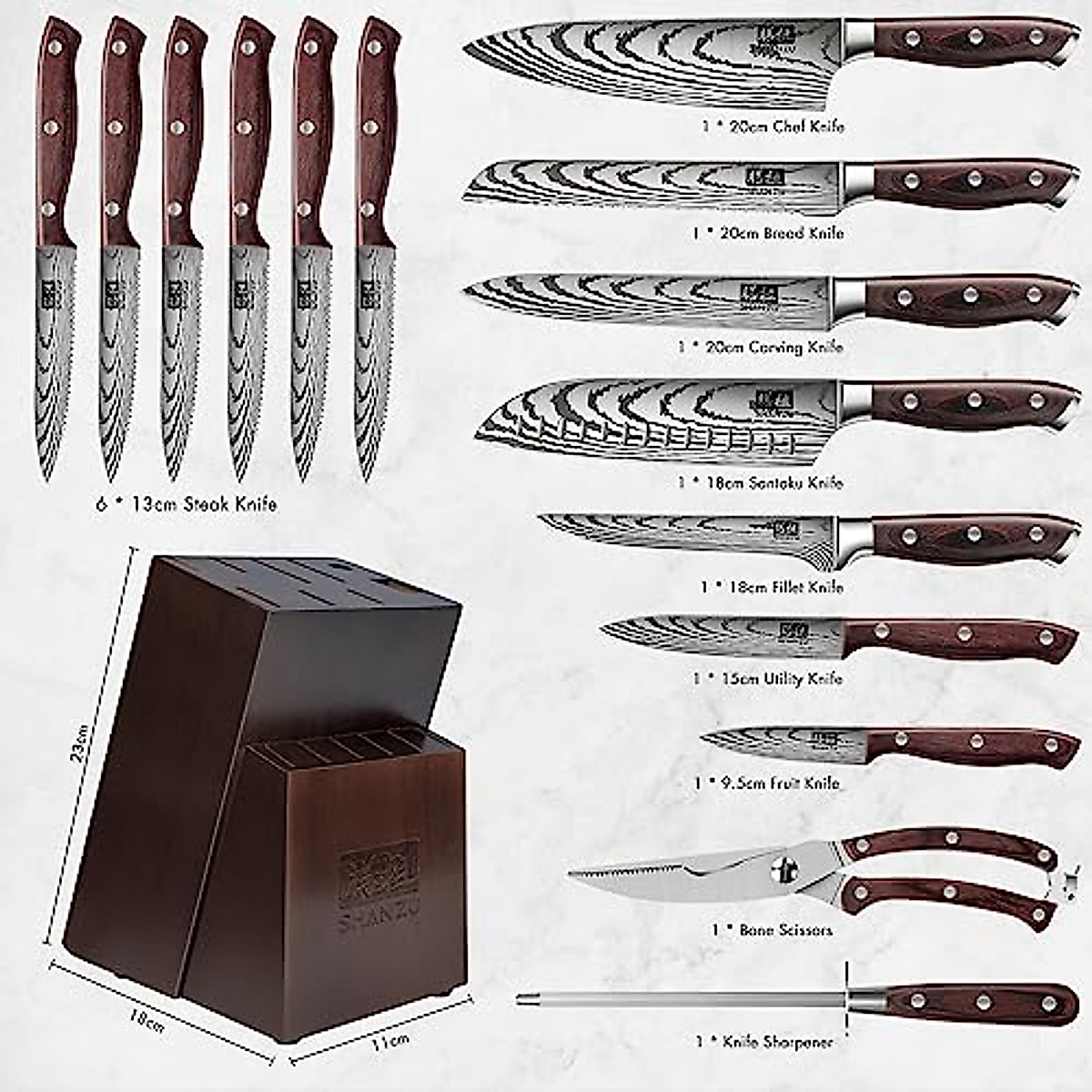 SHAN ZU 16-Piece Japanese Knife Set - High Carbon Stainless Steel Kitchen Knife Set with Block and Sharpener