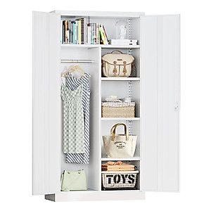 Greenvelly Metal Wardrobe Closet with Doors and Shelves,72" Armoire Wardrobe Closet for Hanging Clothes for Office, Home, School, Employee,Gym(White)