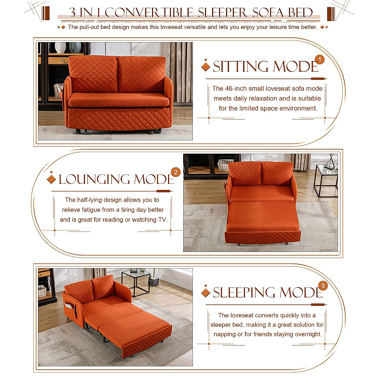 Pull Out Futon Sofa Bed, Convertible Small Loveseat Sleeper with Storage Drawer, 3 in 1 Futon Couch with Removable Pocket and 2 Pillows, Modern Love Seat for Living Room, Guest Room, Deep Orange