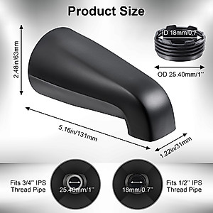 Dreyoo Universal Bath Tub Spout with Adapter Bathroom Bathtub Faucet Spout Without Diverter, Fits for 1/2'', 3/4'' IPS Inside Thread Connection and Tub/Shower Faucet Brands 5" Length(Matte Black)