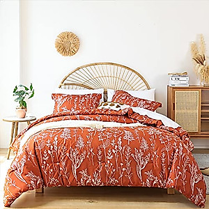 JANZAA Duvet Cover Queen Terracotta 3 Pieces Boho Duvet Cover with White Botanical Patterns Soft Floral Bed Cover with Zipper Closure 4 Ties (2 Pillow Cases)