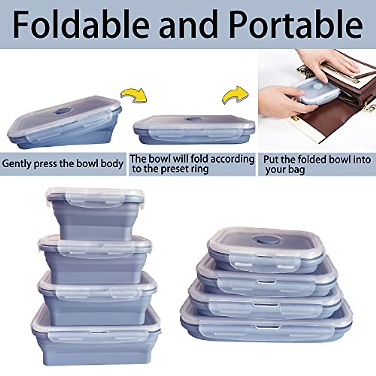 RMAMSCOV Silicone Collapsible Food Storage Containers with Airtight Lid, Set of 4 Silicone Lunch Containers, Prep/Storage Bowls Microwave and Freezer and Dishwasher Safe (Grey)