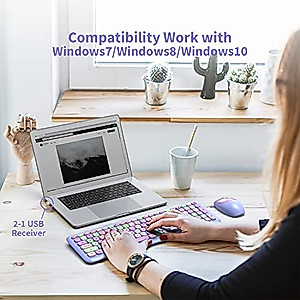 Wireless Keyboard and Mouse Combo, 2.4GHz Full-Sized Colorful Cute Keyboard Mouse Set with Retro Typewriter Flexible Round Keys for Windows, Computer, Laptops, PC Purple Colorful