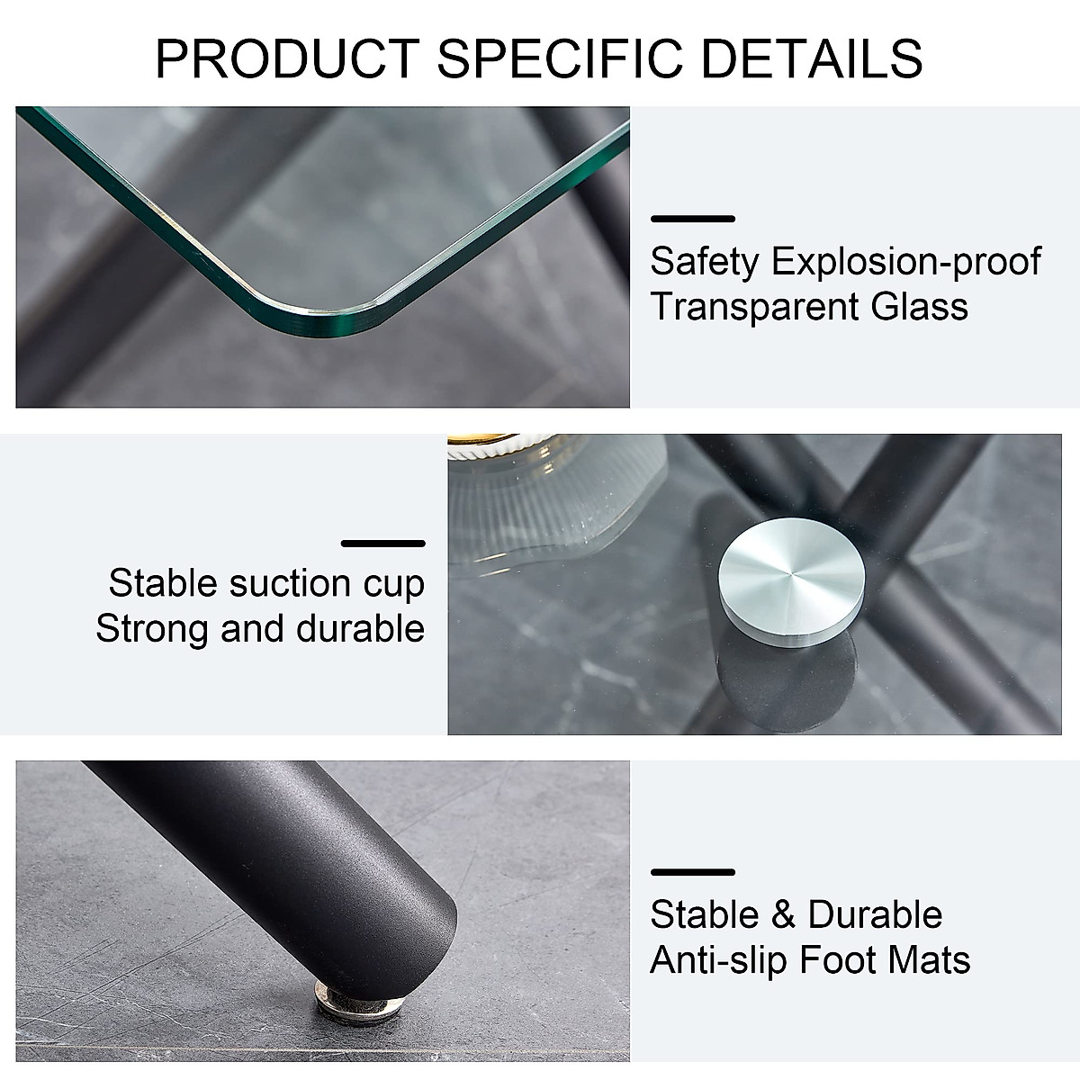 Ginxesh 71" Glass Dining Table Set,0.39" Glass Top Dinner Table with 6 Chrome Metal Legs,High Back PU Leather Padded Dining Chairs,Dining Table Set for Kitchen or Living Room Use (6 Sets, Black+Grey)