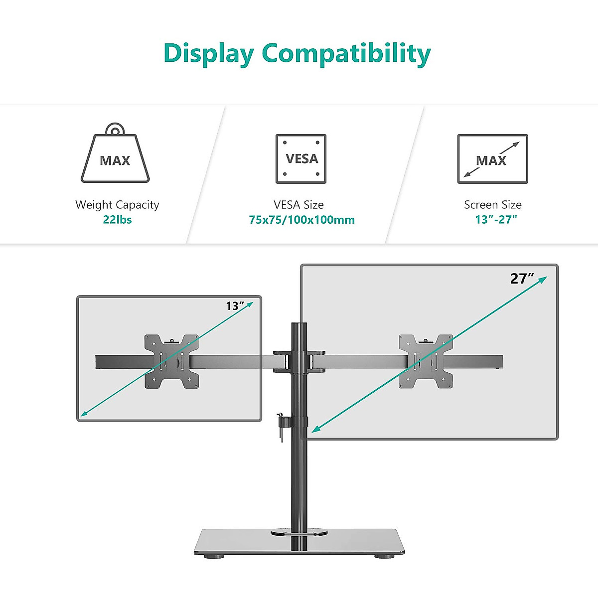 WALI Free Standing Dual Monitor Stand, Height Adjustable Monitor Mount with Glass Base, Fits LCD LED Flat Curved Screen up to 27 inch, 22lbs, with Grommet Base (GMF002)