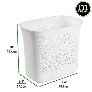 mDesign Decorative Oval Trash Can Wastebasket, Garbage Container Bin for Bathrooms, Powder Rooms, Kitchens, Home Offices - Flower Design - White