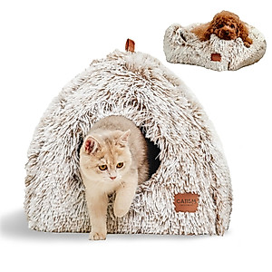 CATISM Cat Bed, Cat Cave for Indoor Cats, Soft Cat Dome, Self-Warming 2 in 1 Foldable Pet Cat House with Washable Cushioned Pillow Calming Fluffy Dog Beds for Small Dogs with Anti-Slip Bottom Brown