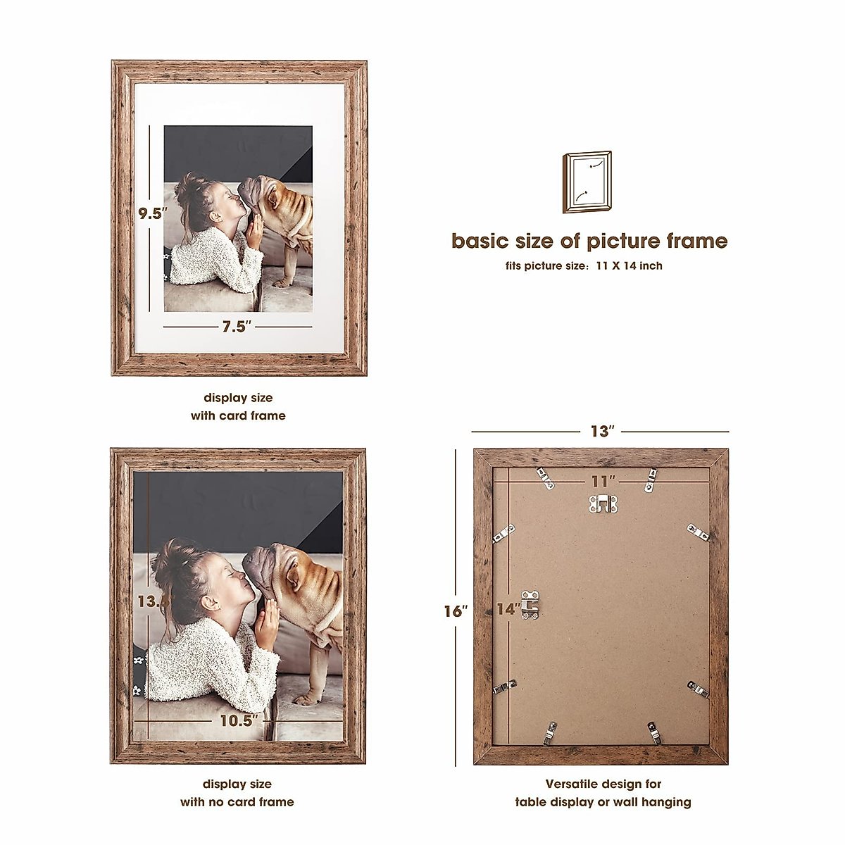 TWING 11x14 Picture Frames Set of 6, Rustic Walnut Photo Frames Display Pictures 8x10 with Mat or 11X14 Without Mat, Pre-Installed Wall Mount Vertically or Horizontally Photo Frames Poster Frames
